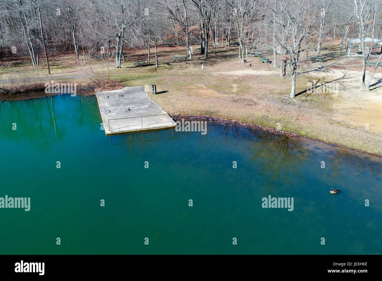 Aerial view of closed diving platform on disused pond Stock Photo - Alamy