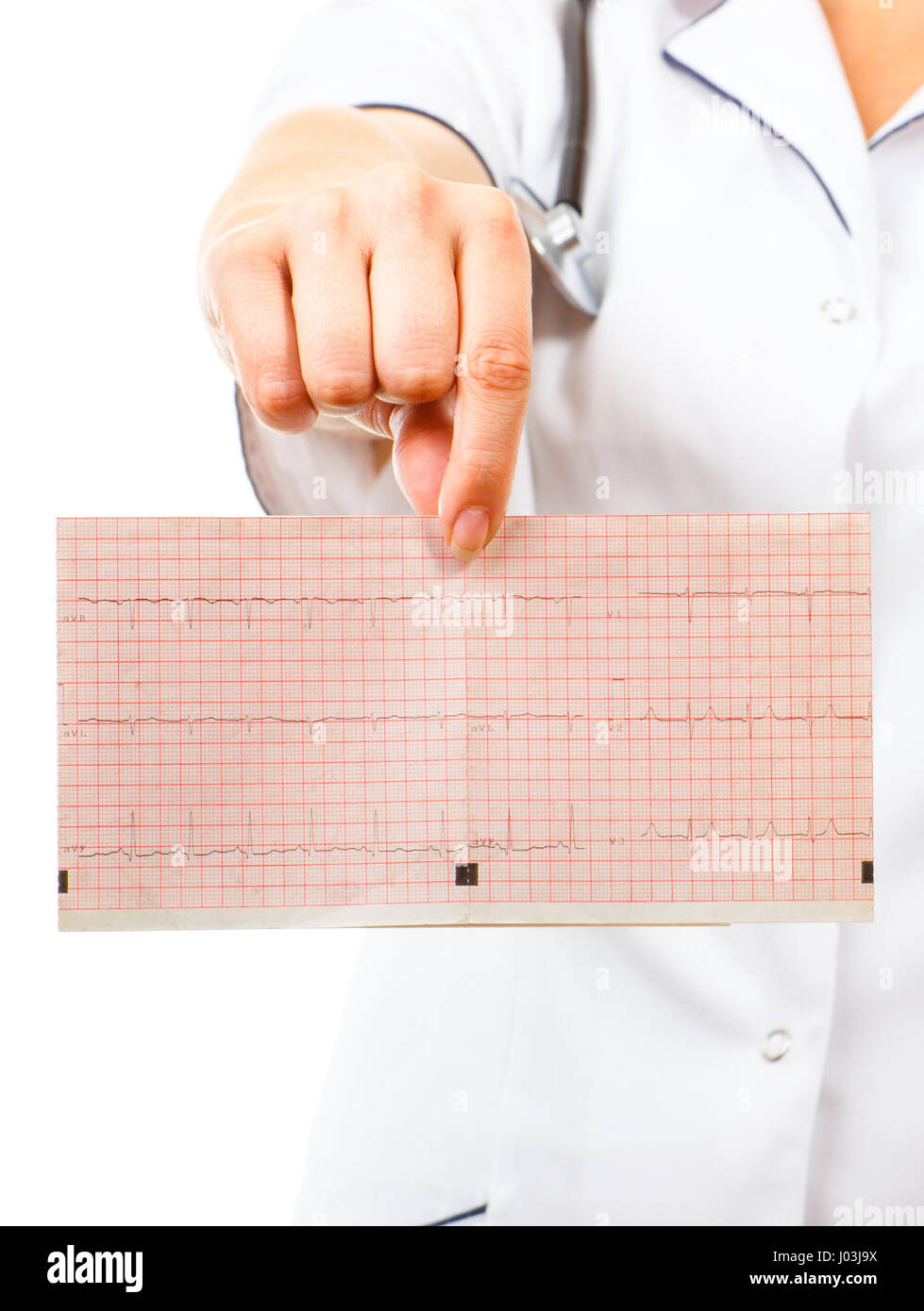 Doctor cardiologist in white apron with stethoscope showing ...