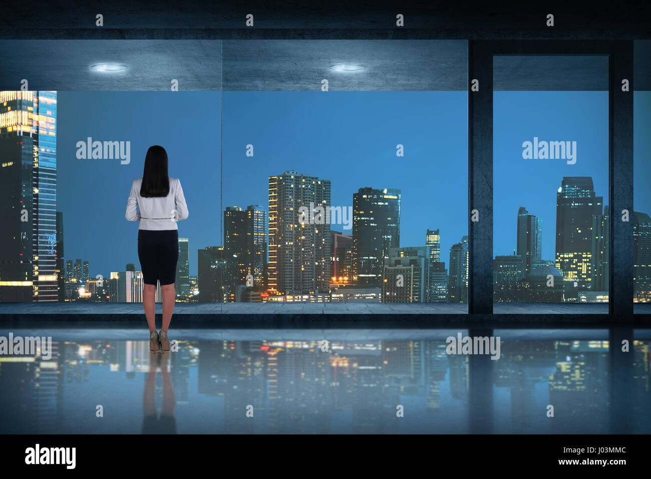 Back view of asian business woman standing looking at the city through ...