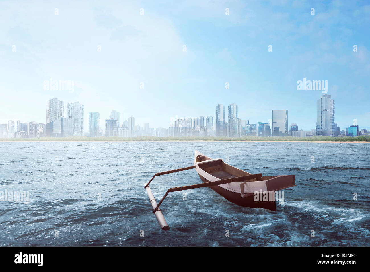 Wooden boat float with wave water on cityscape background Stock Photo ...