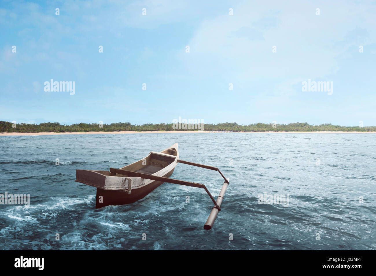 Wooden boat float with wave water on the sea Stock Photo - Alamy