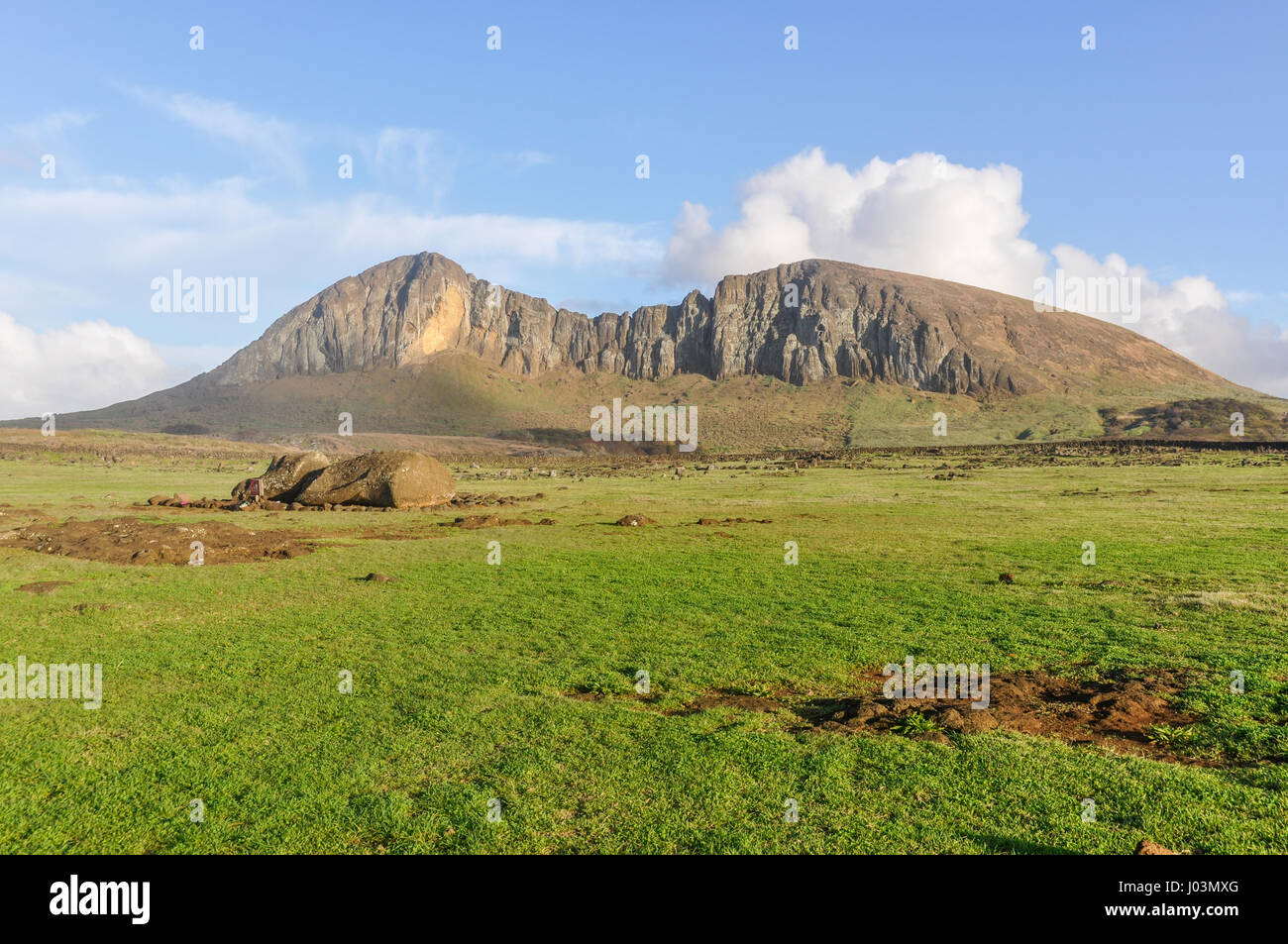 View of the fallen ruins of a moai statue near Ahu Tongariki site, on ...