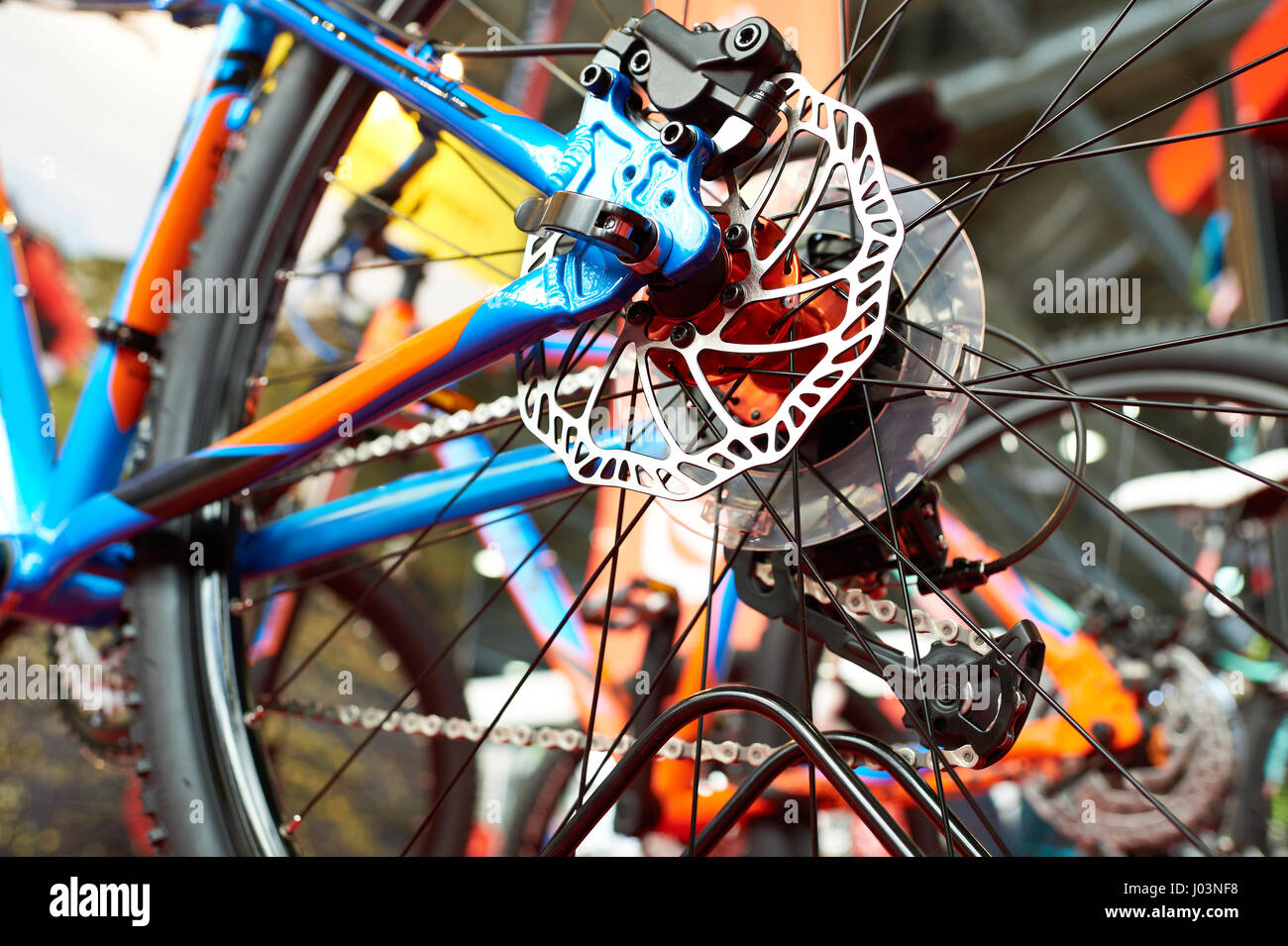 Brake disk of rear wheel sport mountain bike in shop closeup Stock ...