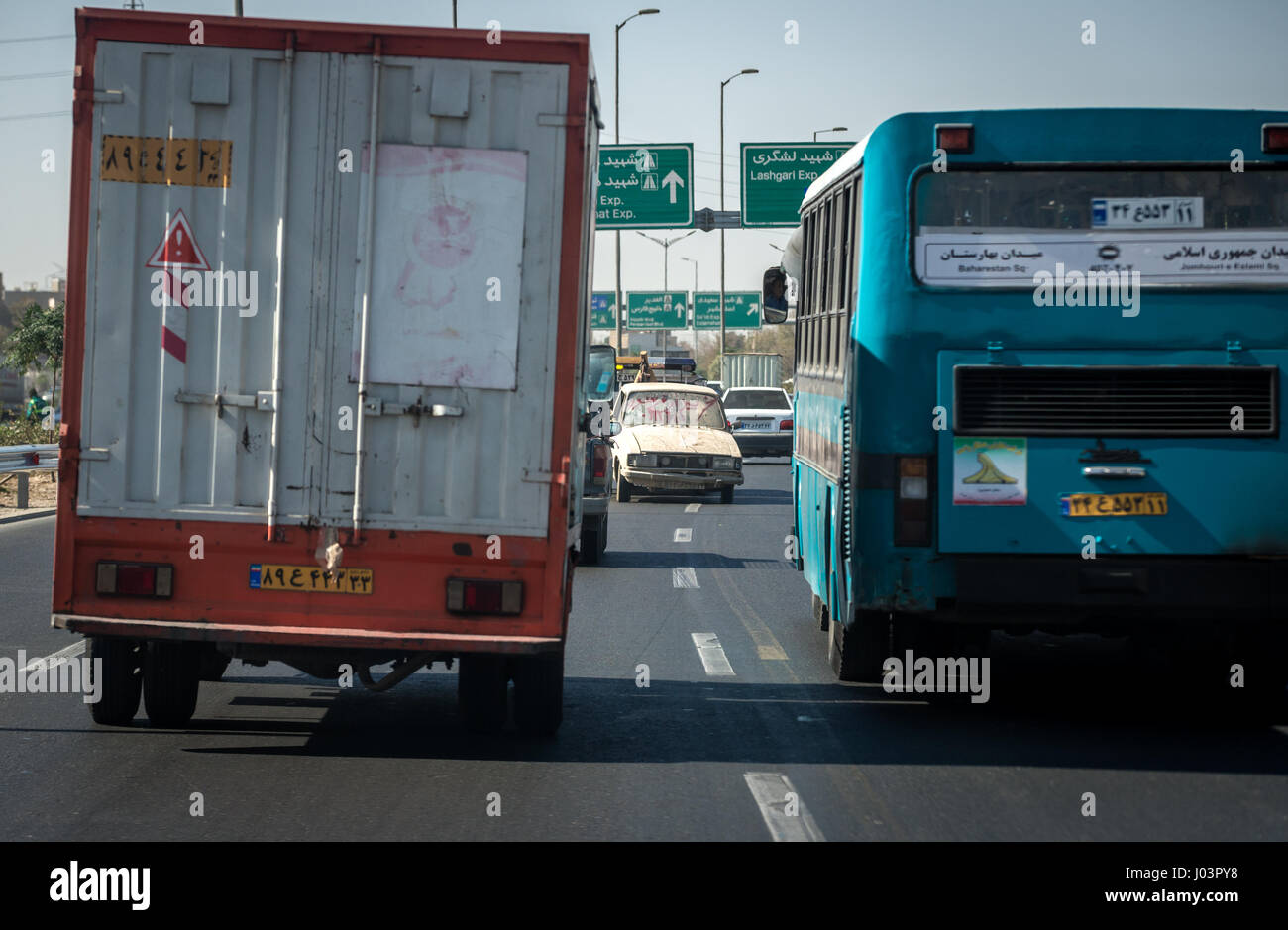 Traffic on one of the highways in Tehran city, capital of Iran and ...