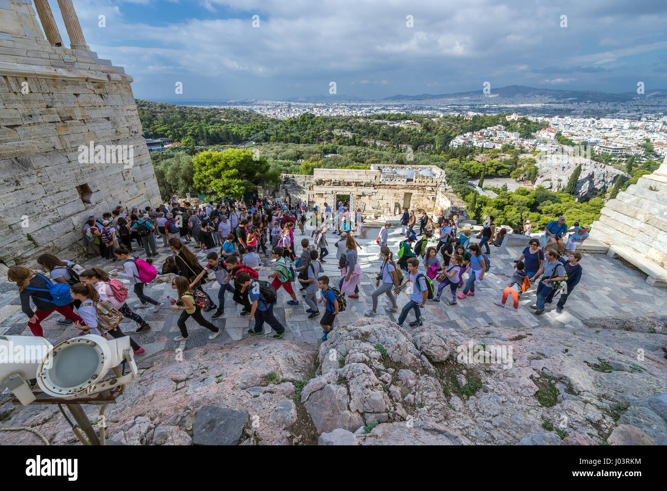 Tourists on a stairs in front of gateway called Propylaea, entrance to ...
