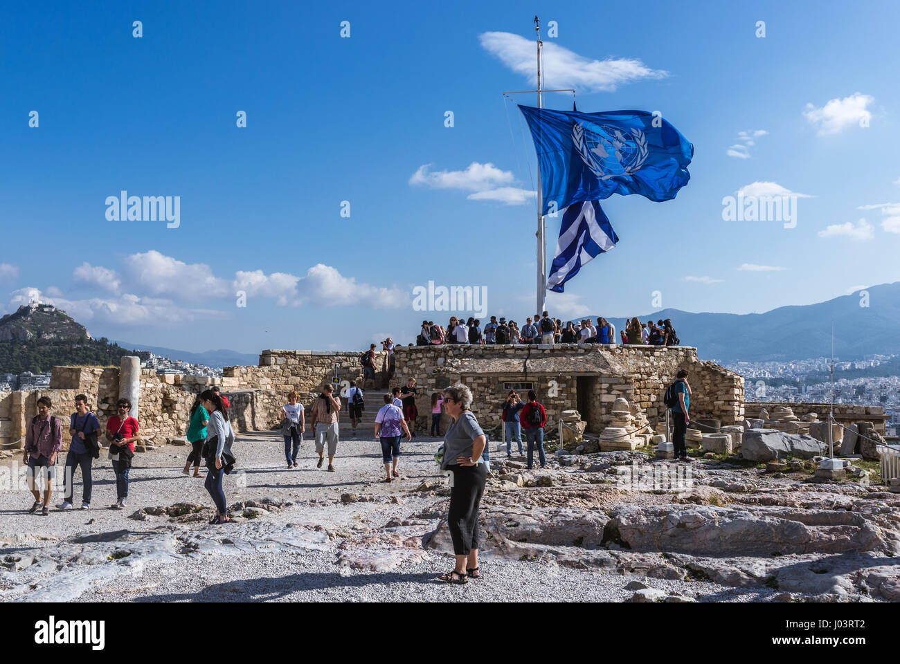 Flags of United Nations and Greece on a viewpoint in Acropolis of ...