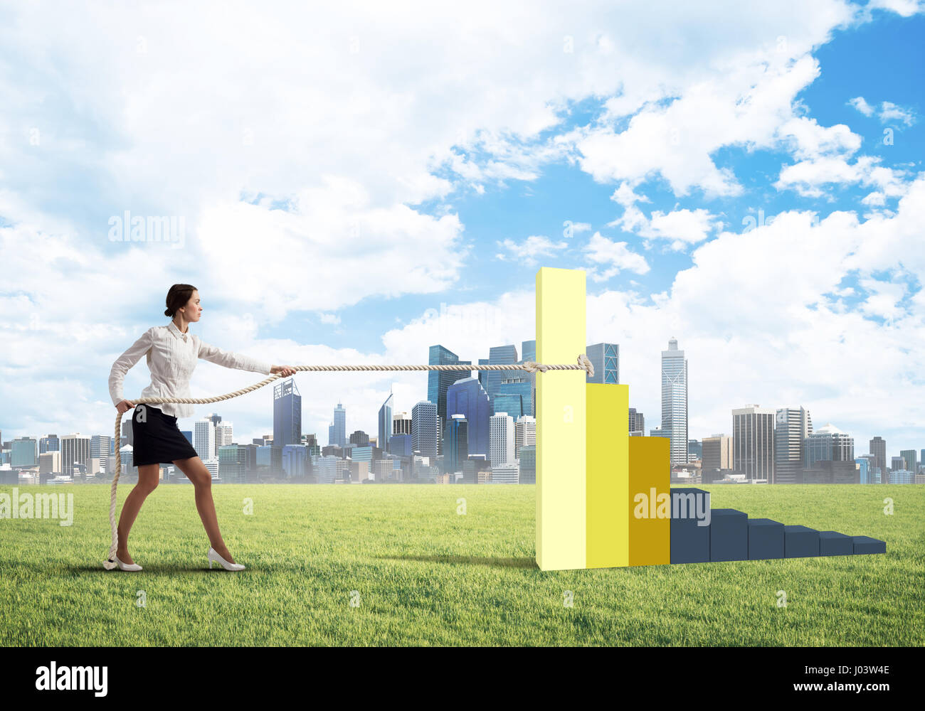 Businesswoman pulling arrow with rope and making it raise up Stock ...