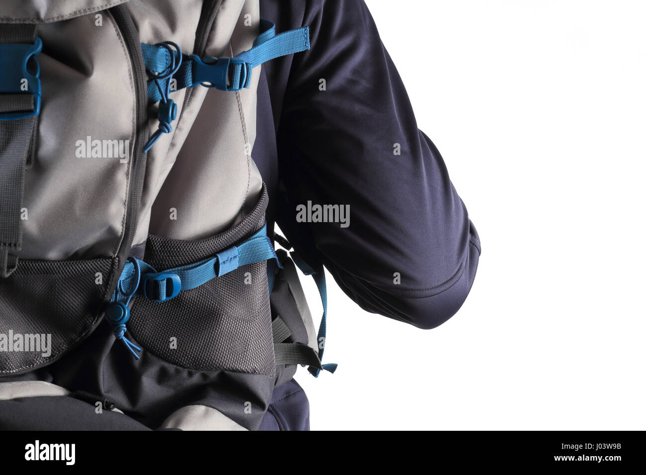 Close-up of backpack on man back isolated on white background. Traveler ...