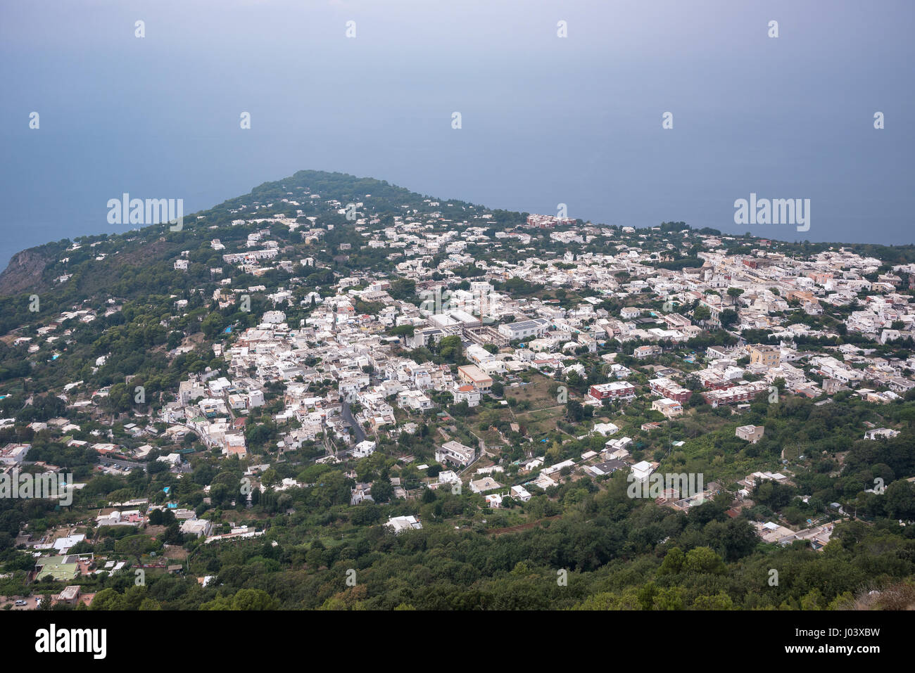 Aerial view of buildings in Anacapri from Monte Solaro, Capri Island ...