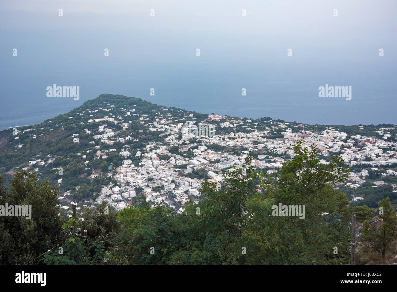 Aerial view of buildings in Anacapri from Monte Solaro, Capri Island ...
