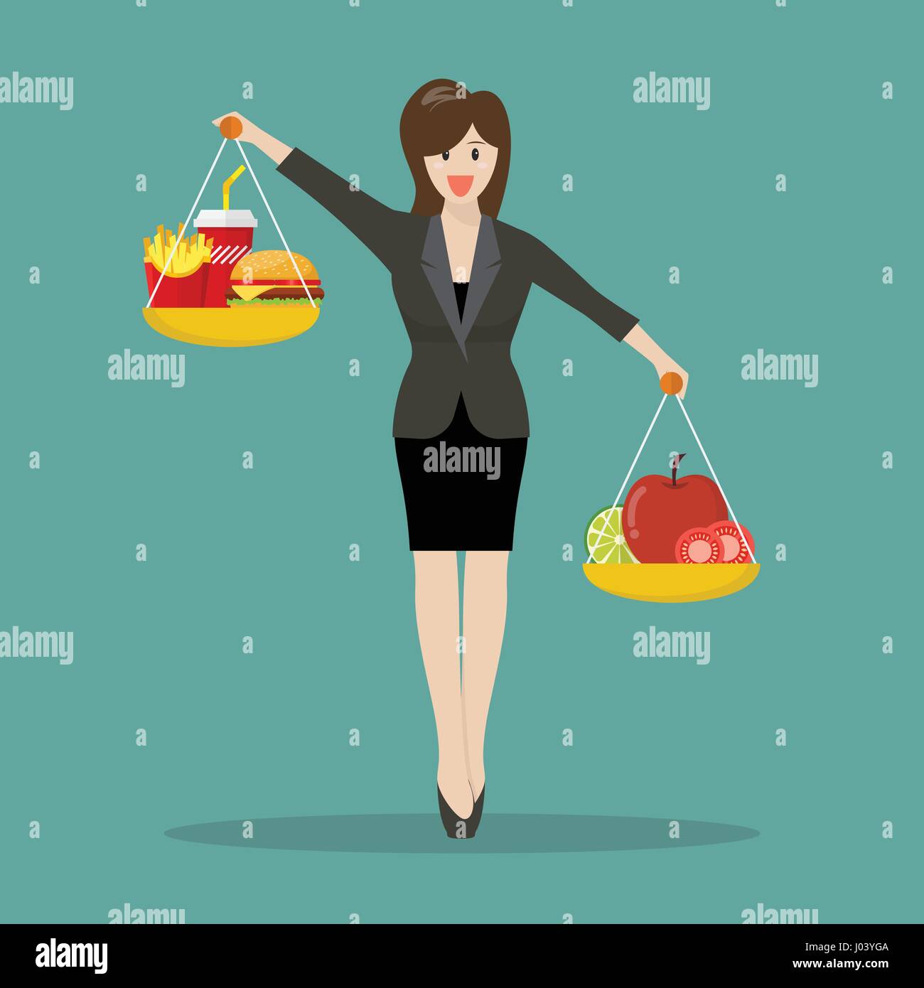 Business woman balancing junk food and healthy food on two weighing ...