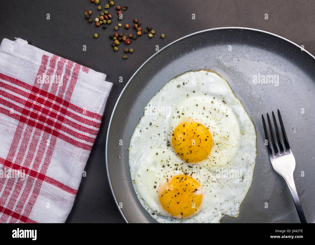 Fried eggs in pan overhead shot Stock Photo - Alamy