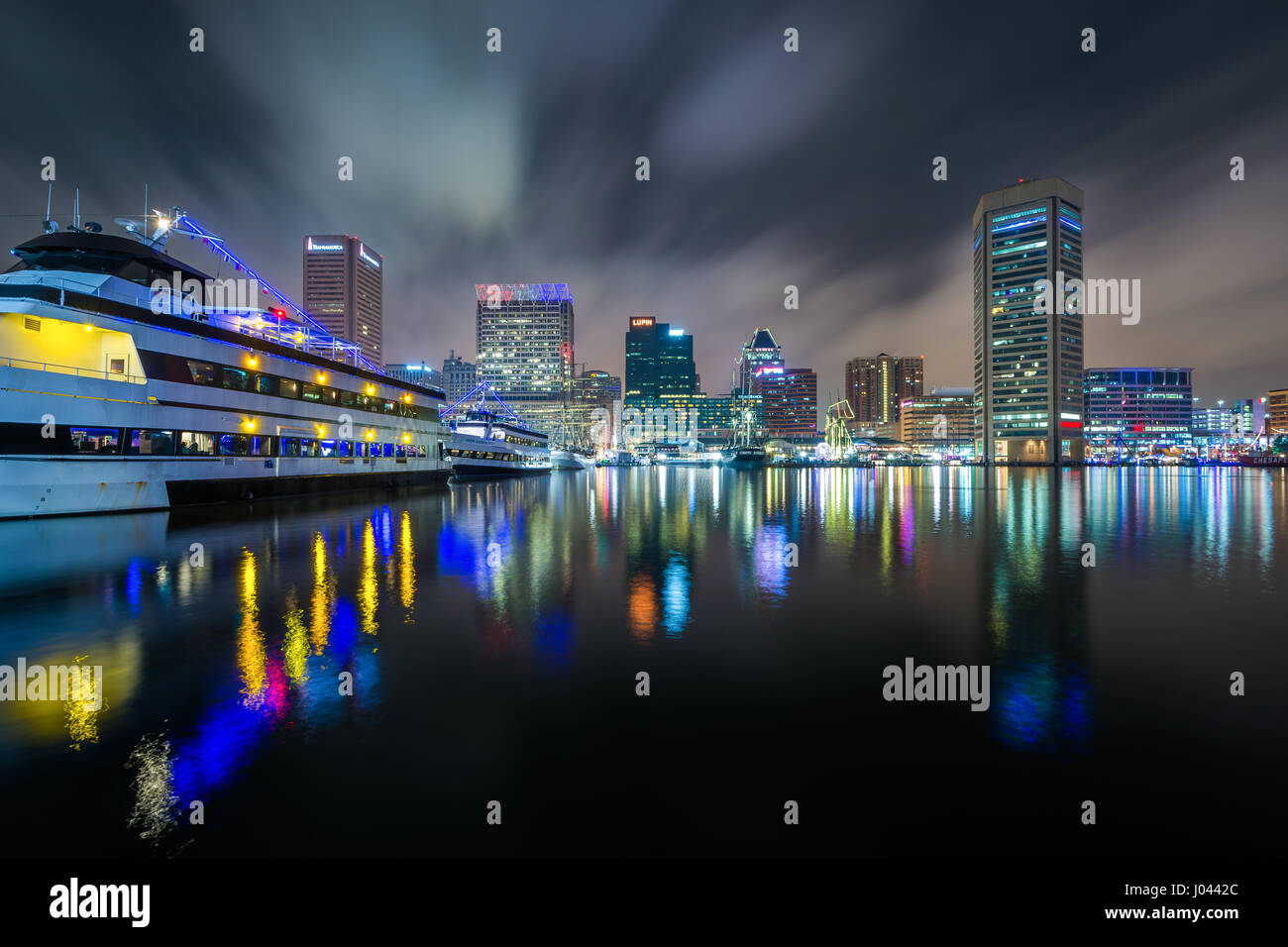 The Inner Harbor skyline at night in Baltimore, Maryland Stock Photo ...