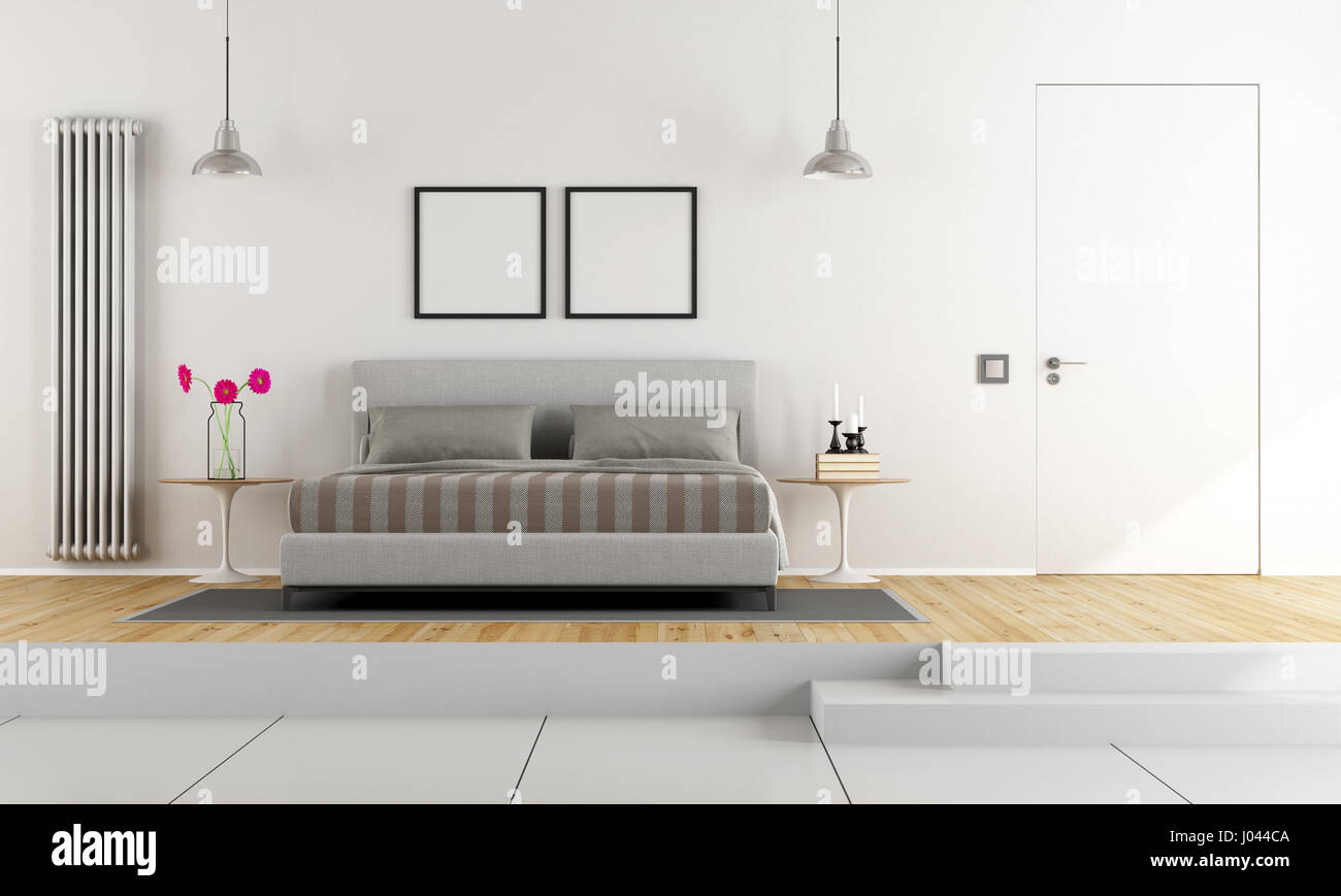 Two levels master bedroom with double bed and closed door - 3d ...