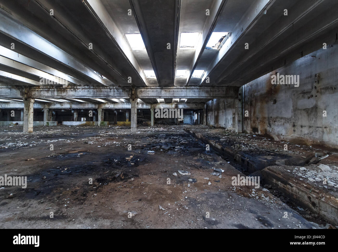 Interior of old factory buildings destroyed. Ruins of industrial ...