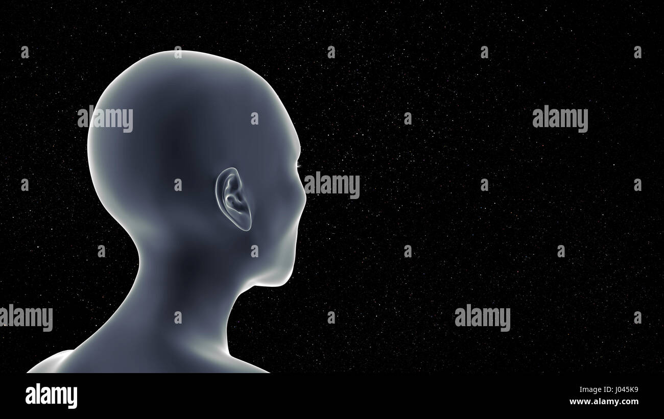 rear view of a human-like alien looking at bright stars in a dark sky ...