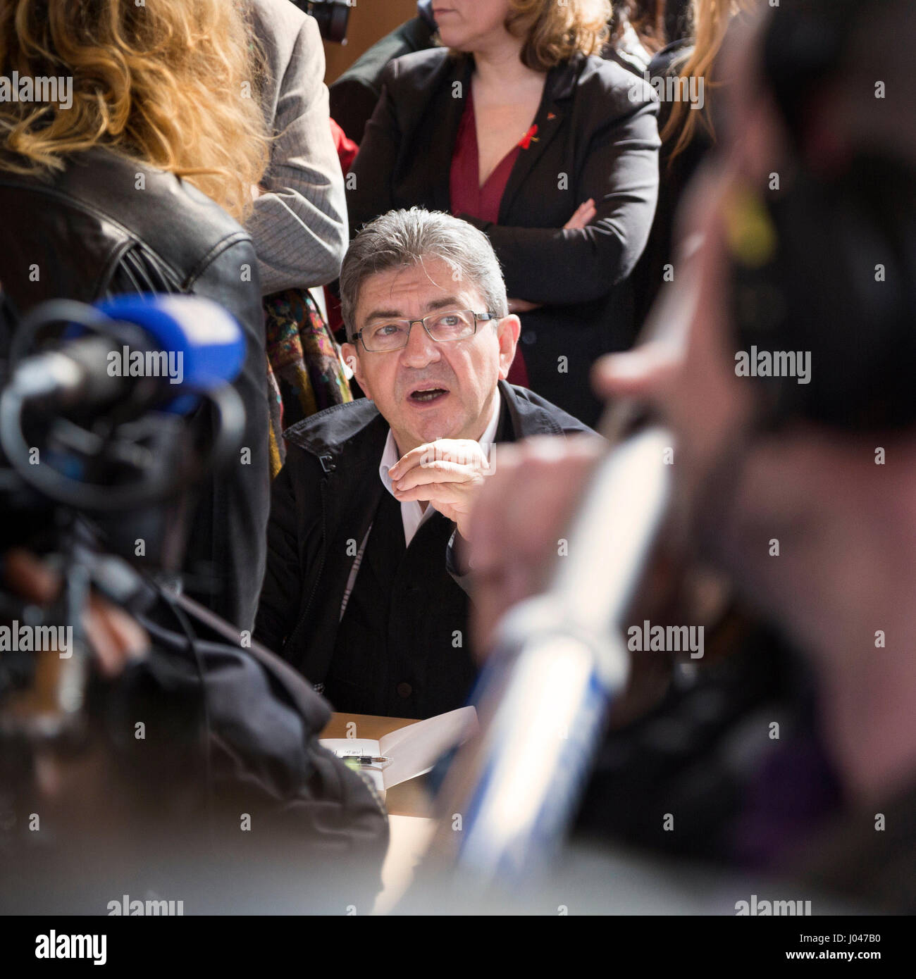 Portrait of Jean-Luc (Jean Luc) Melenchon (politician) signing at Paris ...
