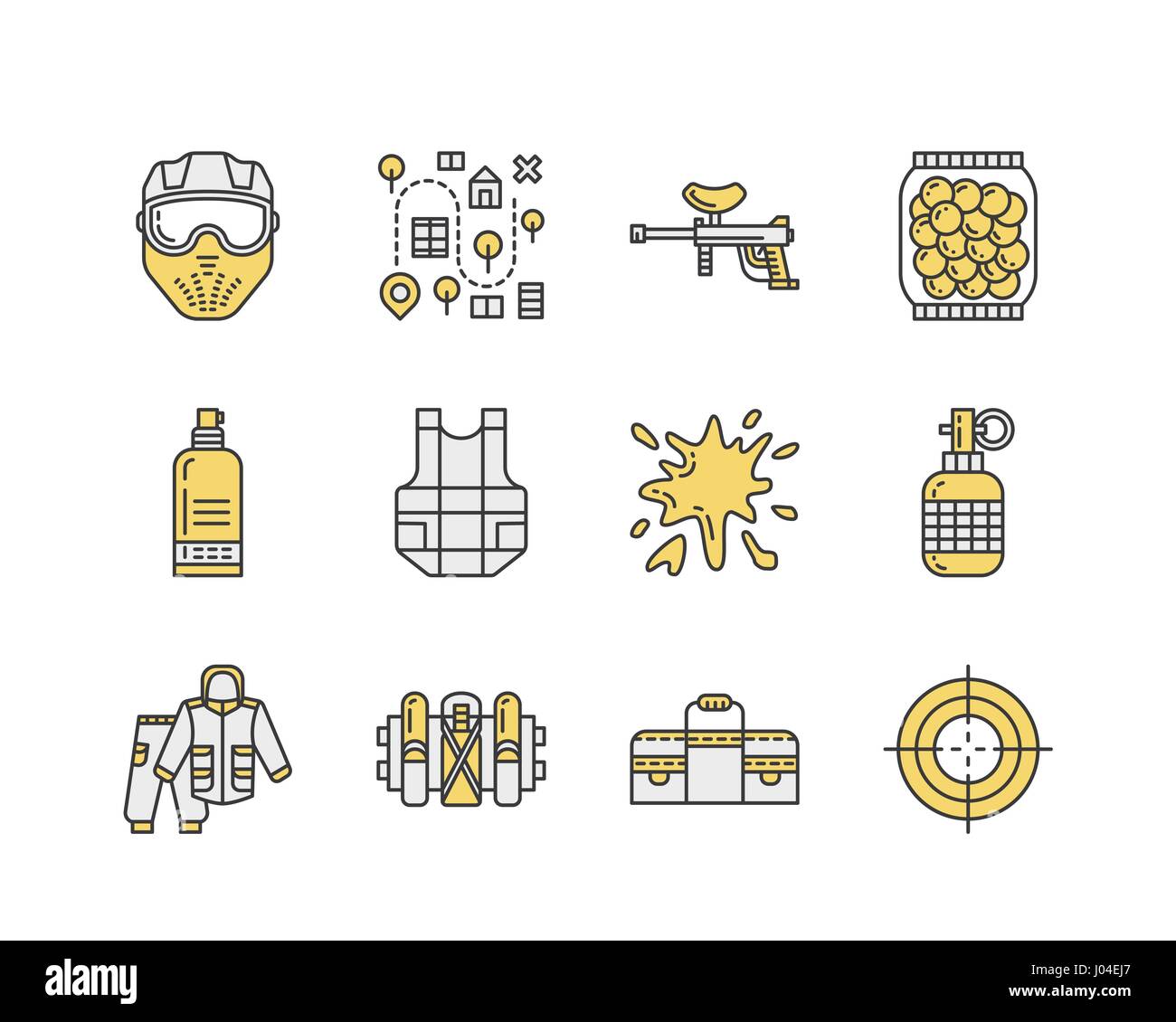 Paintball game line icons. Outdoor sport equipment, paint ball marker ...