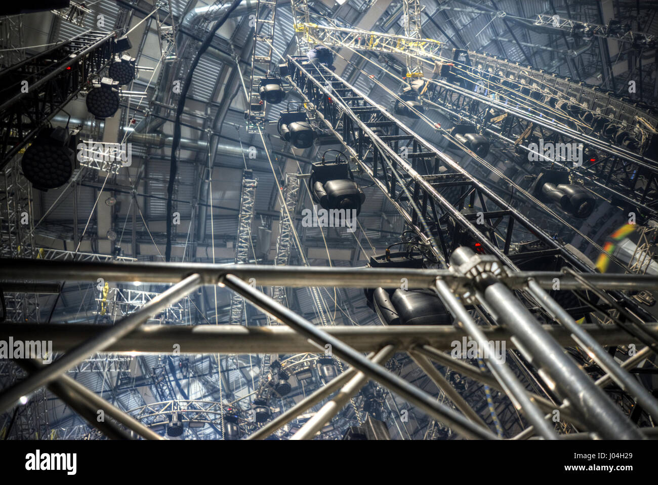 stage before the concert shines the beams of searchlights Stock Photo ...