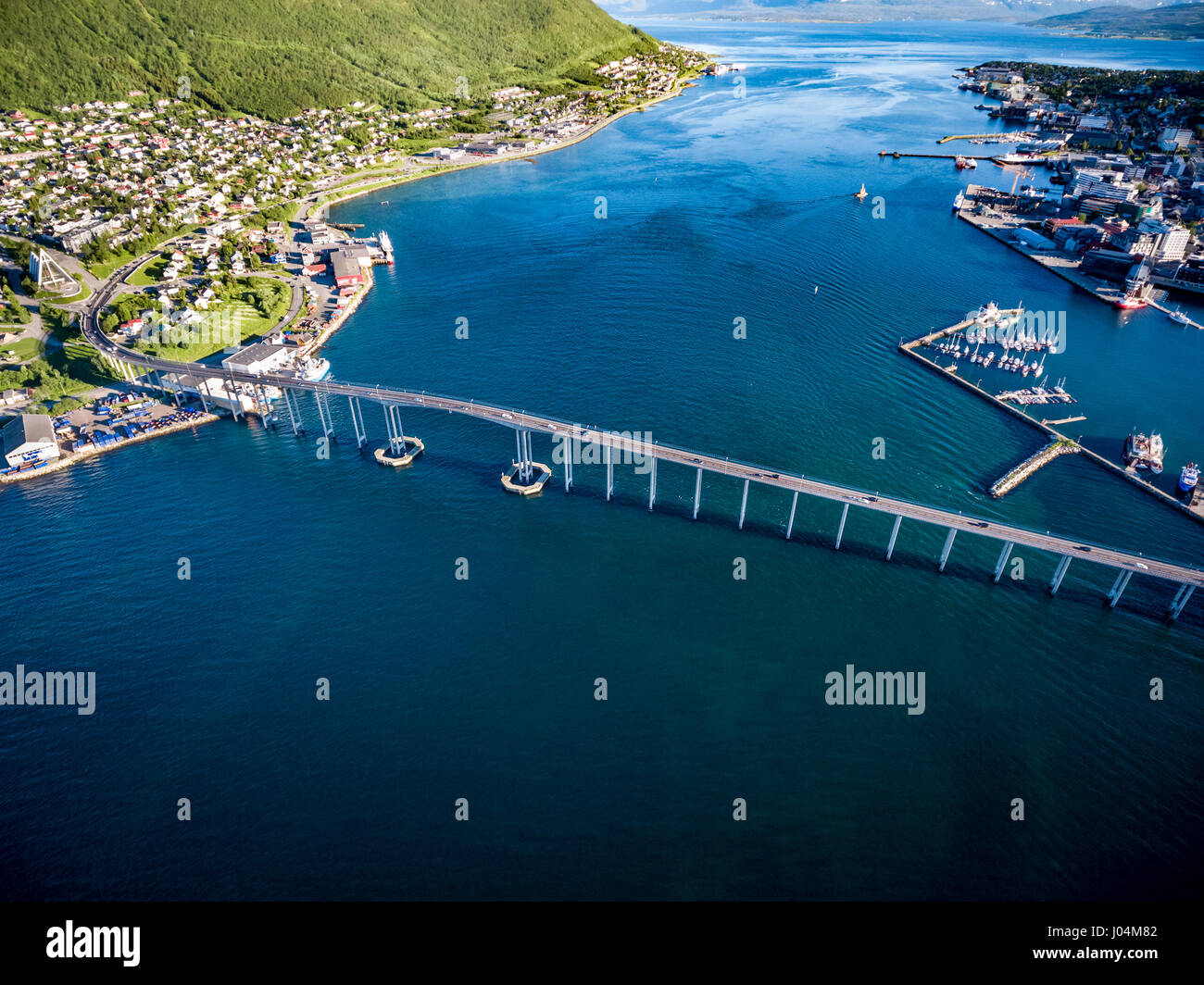 Bridge of city Tromso, Norway aerial photography. Tromso is considered ...