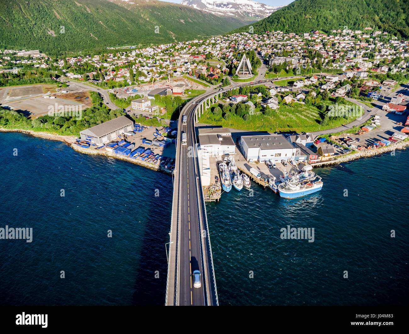 Bridge of city Tromso, Norway aerial photography. Tromso is considered ...