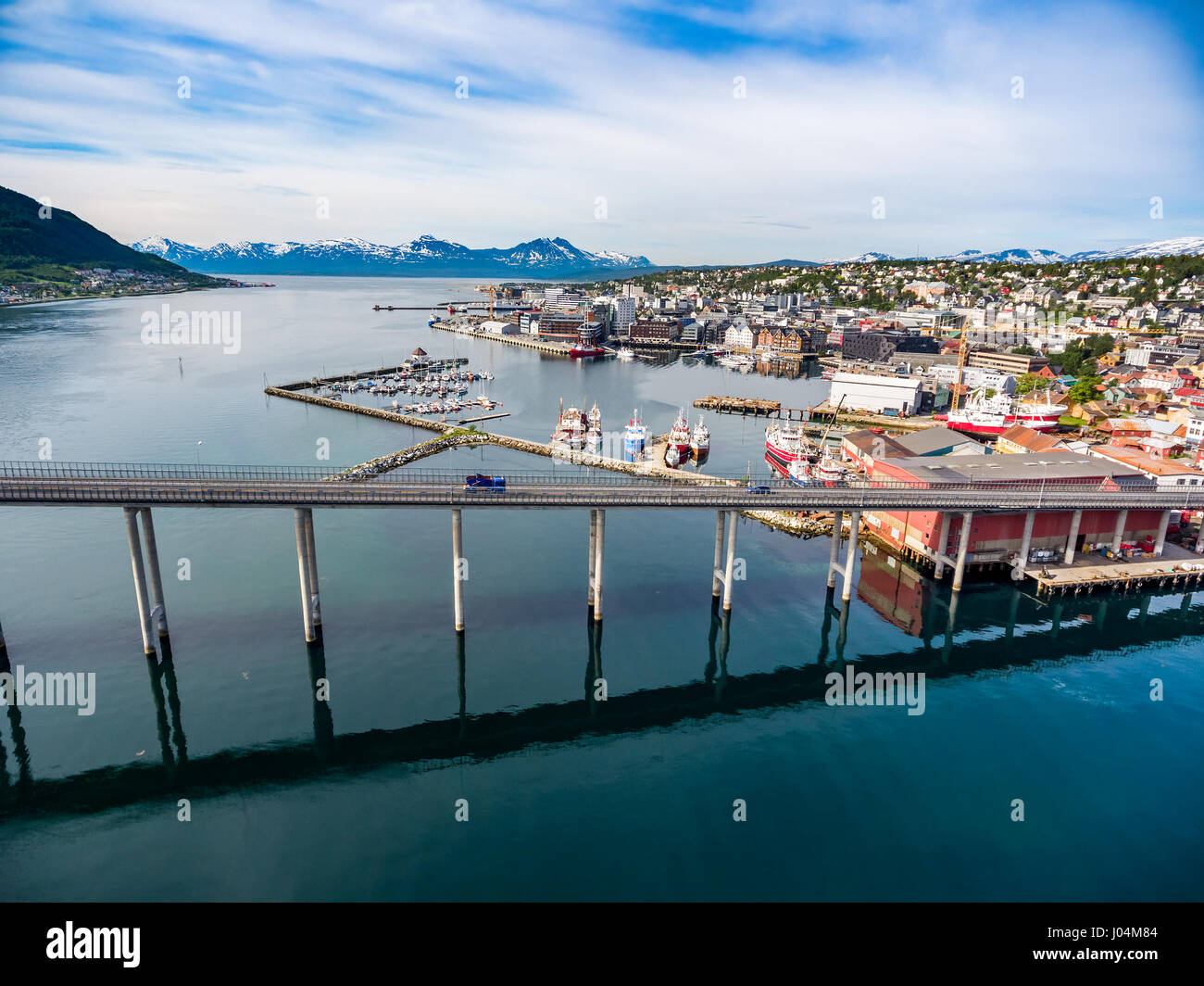 Bridge of city Tromso, Norway aerial photography. Tromso is considered ...