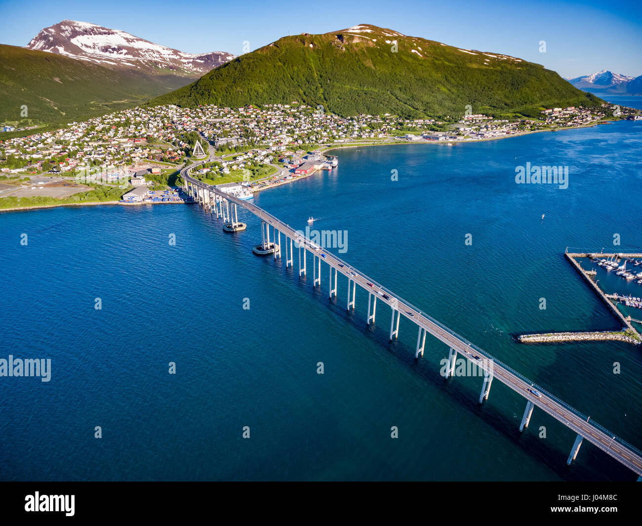 Bridge of city Tromso, Norway aerial photography. Tromso is considered ...