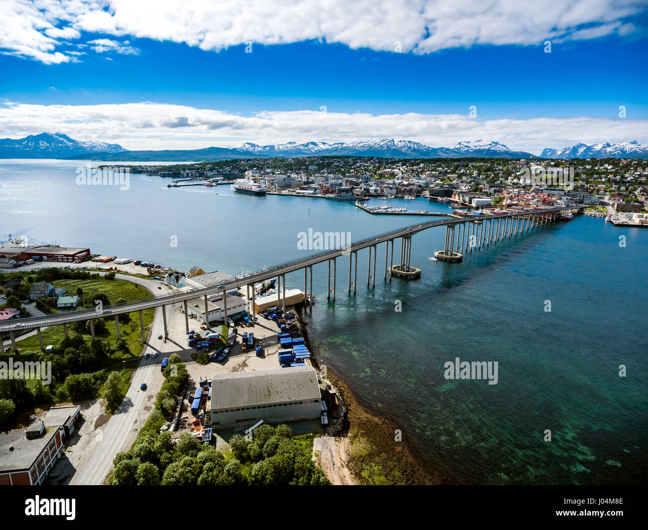 Bridge of city Tromso, Norway aerial photography. Tromso is considered ...