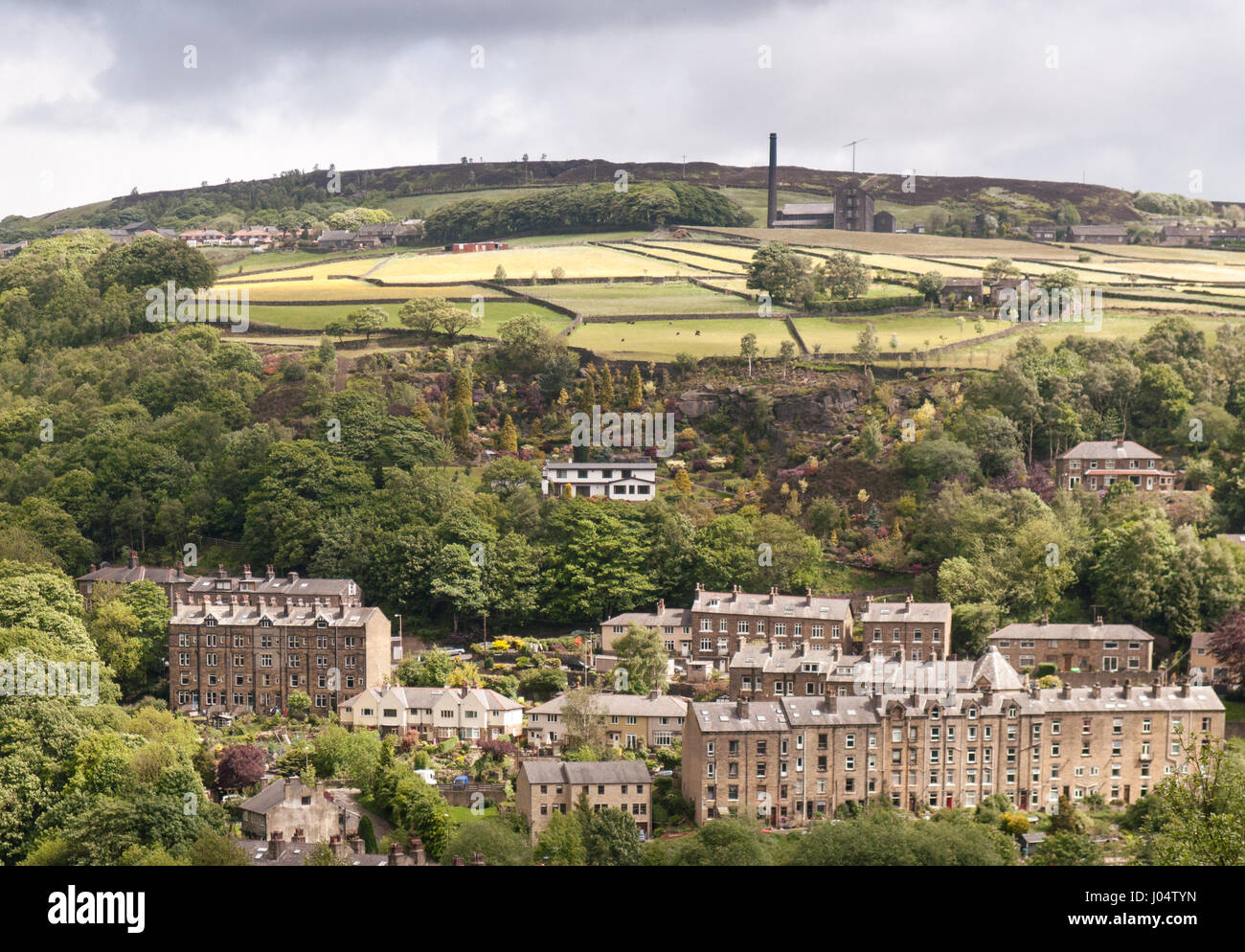Streets and houses built on the steep hillside at Hebden Bridge in ...