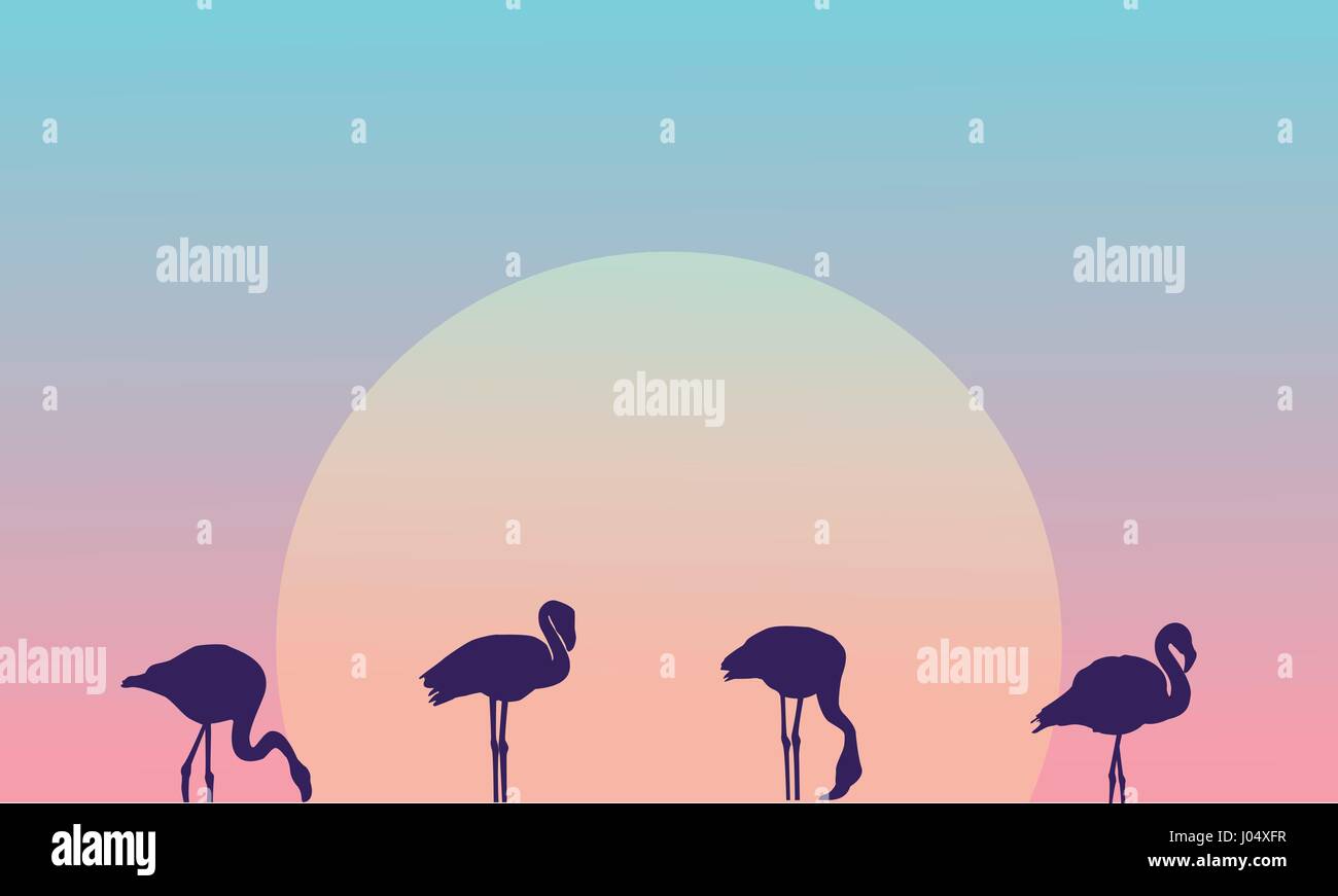 Beauty landscape at morning with flamingo silhouettes Stock Vector ...