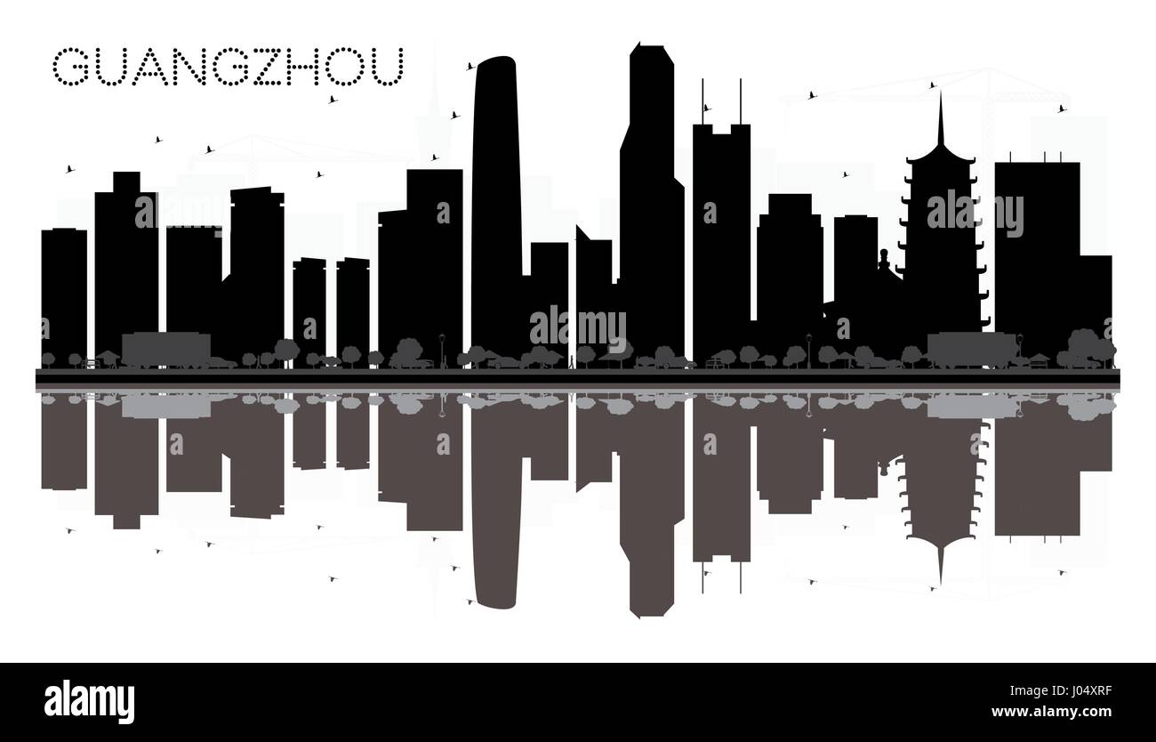 Guangzhou City skyline black and white silhouette with reflections ...
