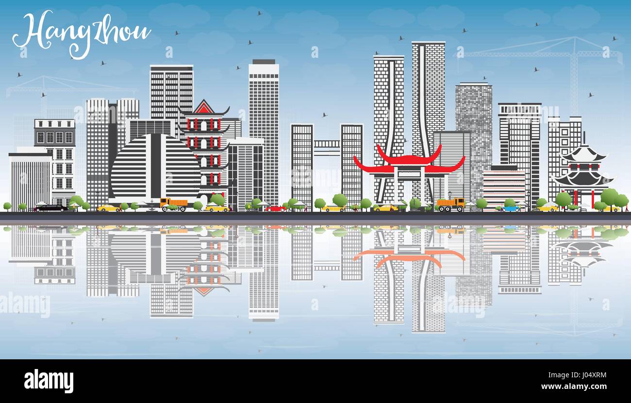 Hangzhou Skyline with Gray Buildings, Blue Sky and Reflections. Vector ...