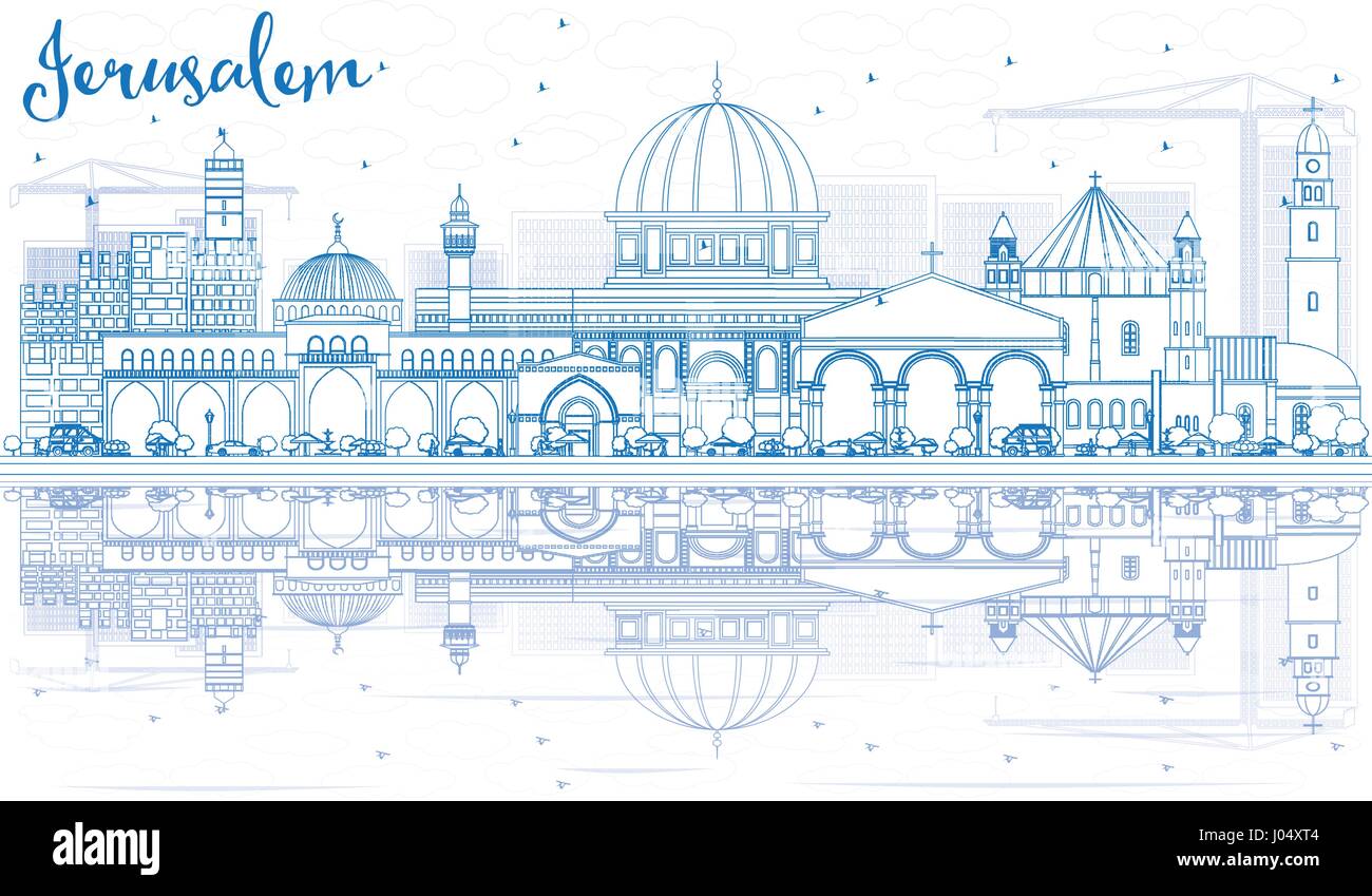 Outline Jerusalem Skyline with Blue Buildings and Reflections. Vector ...