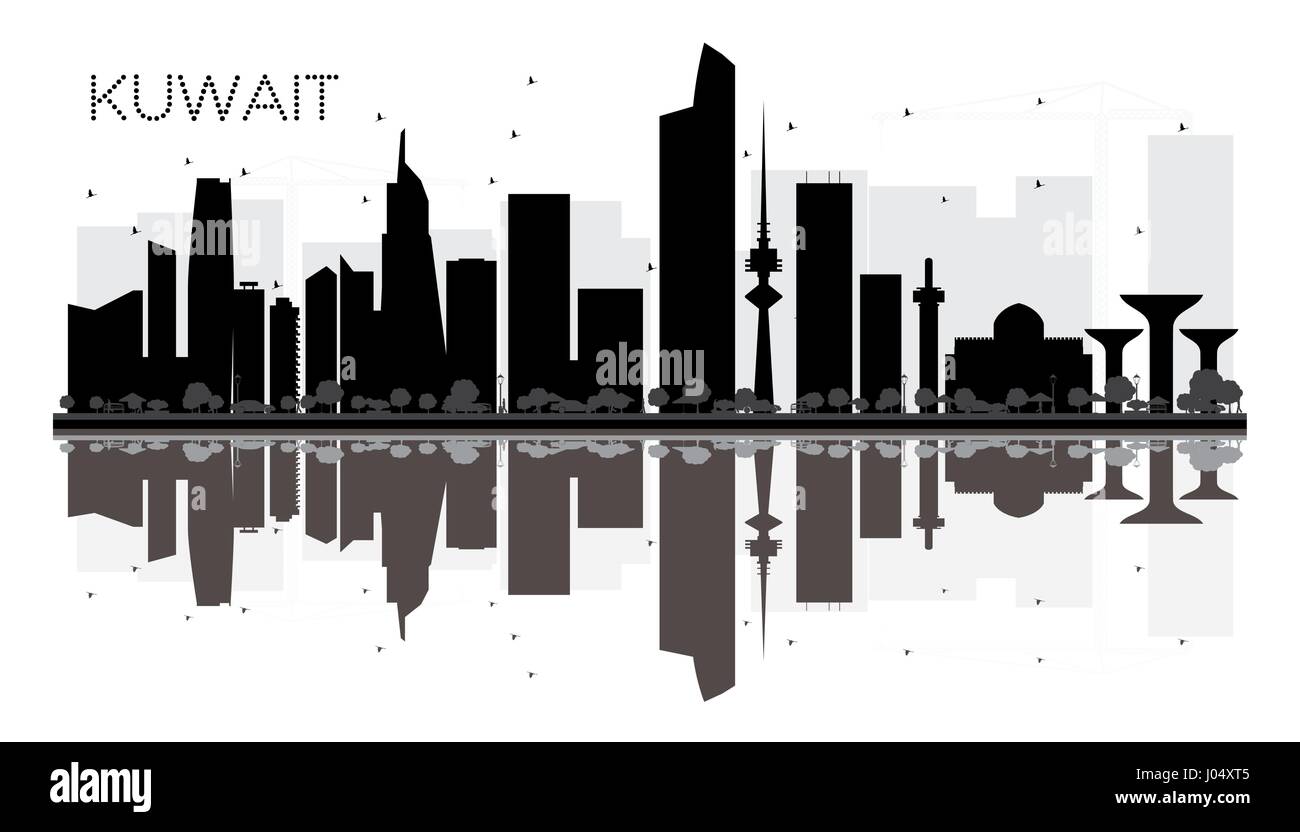 Kuwait City skyline black and white silhouette with reflections. Vector ...