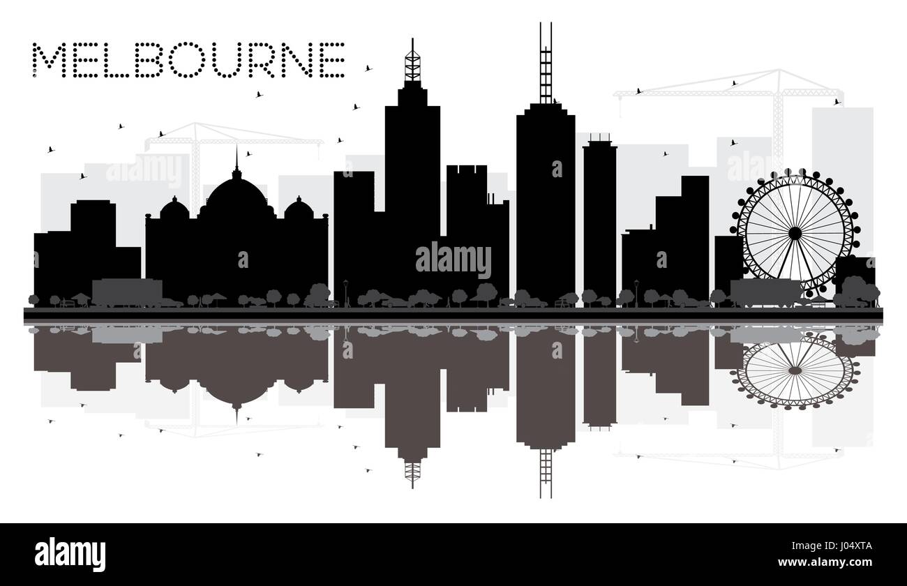 Melbourne City skyline black and white silhouette with reflections ...