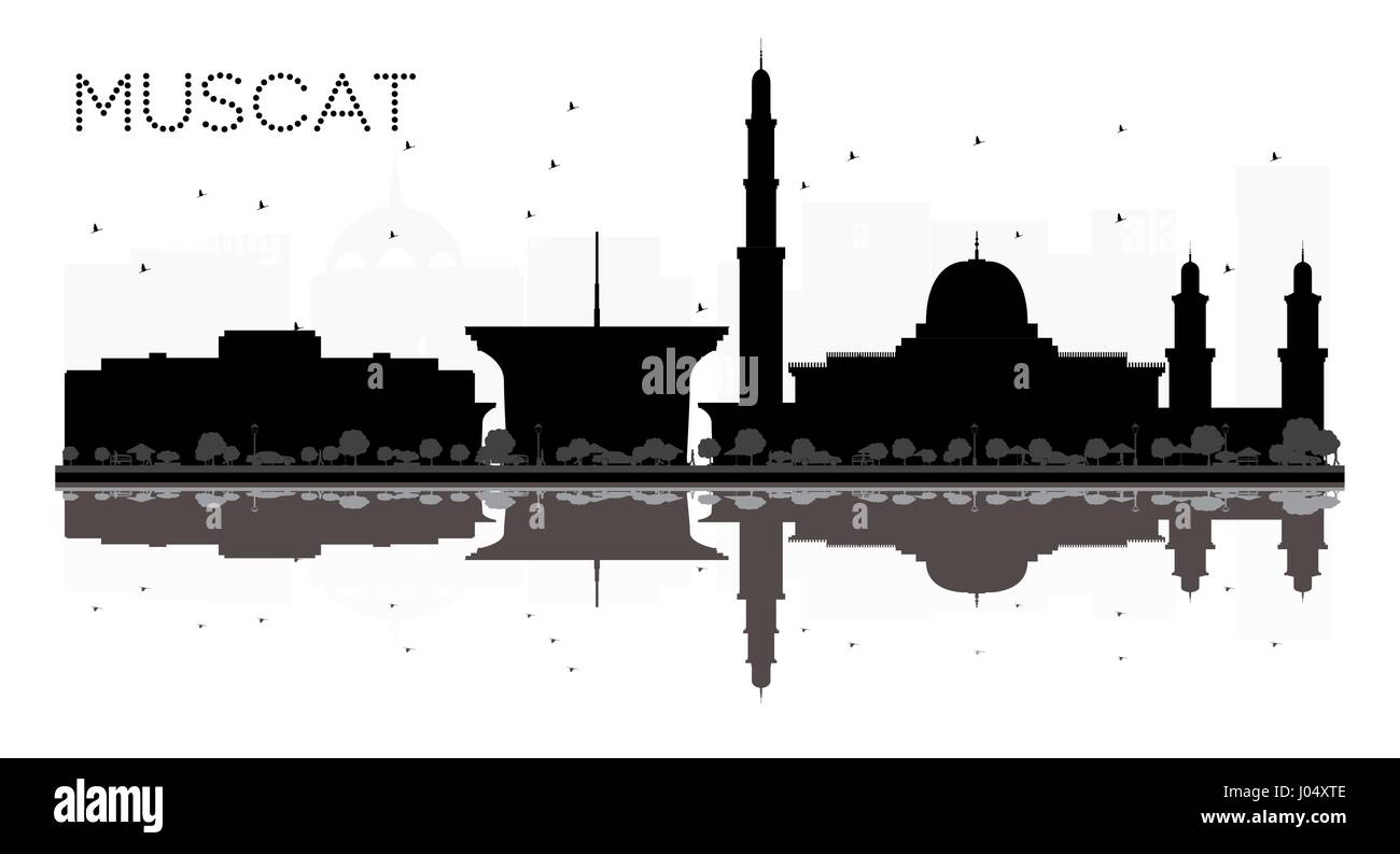 Muscat City skyline black and white silhouette with reflections. Vector ...