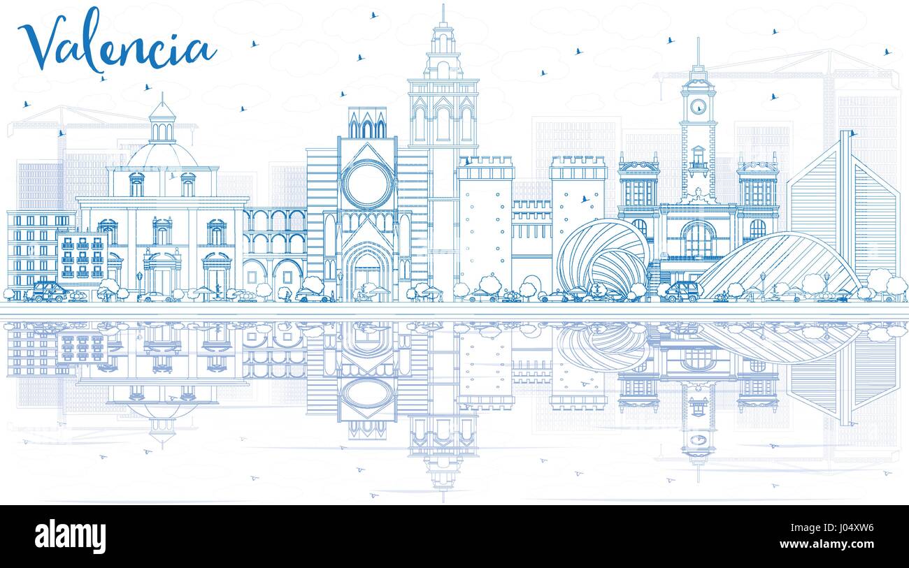 Outline Valencia Skyline with Blue Buildings and Reflections. Vector ...