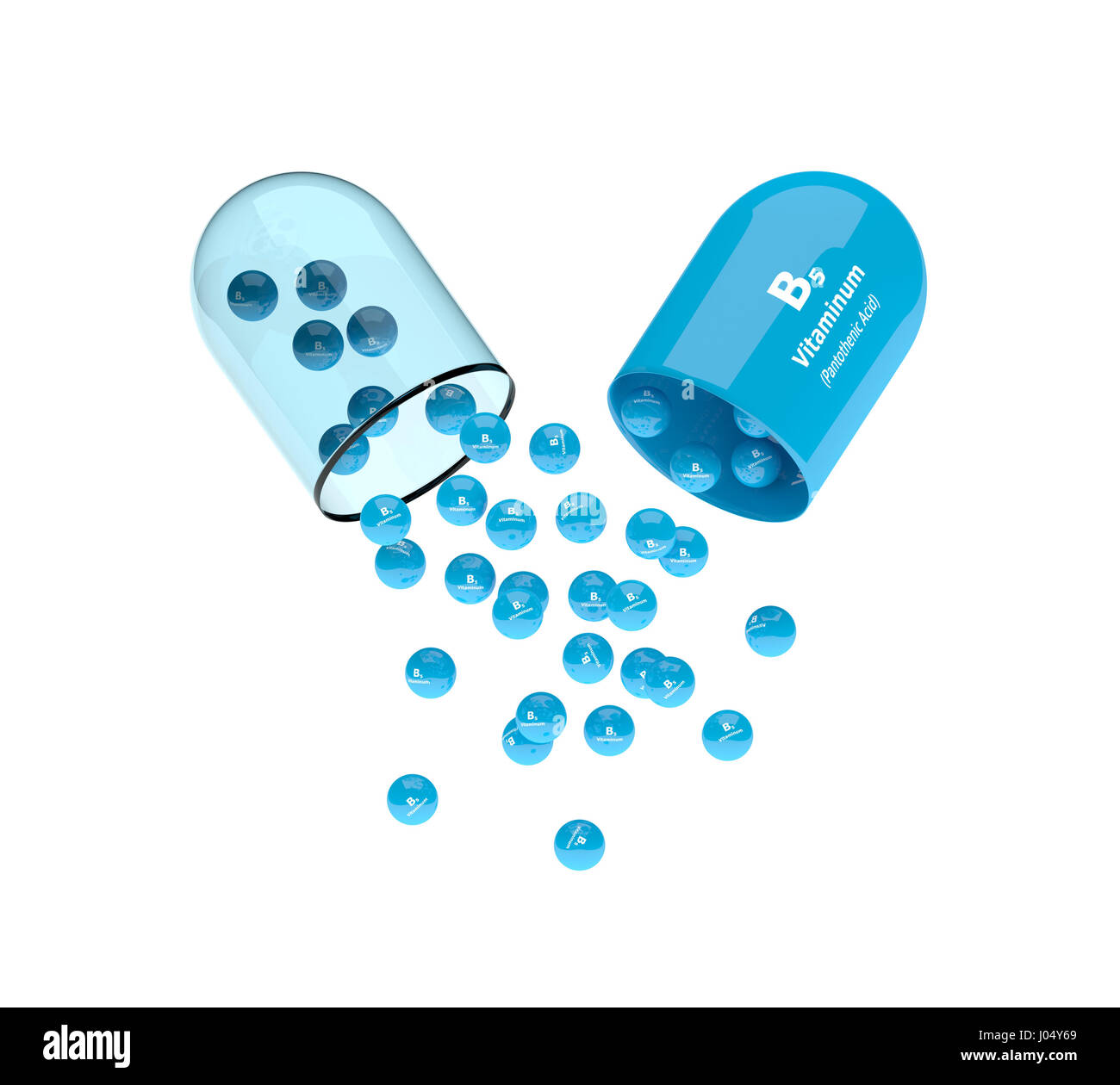 3d rendering of vitamin B5 pill with granules over white background ...