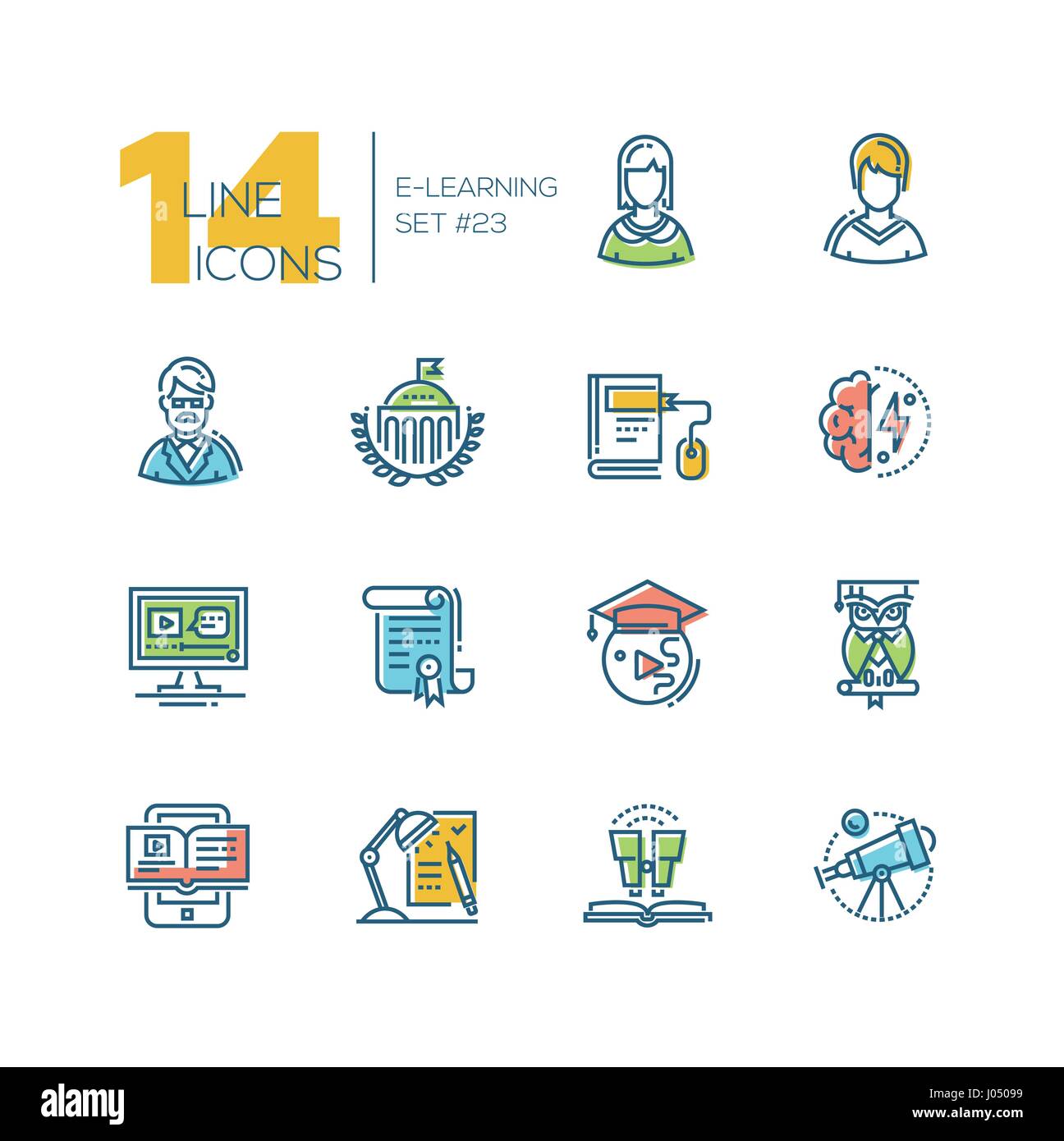 eLearning- colored modern single line icons set Stock Vector Image ...