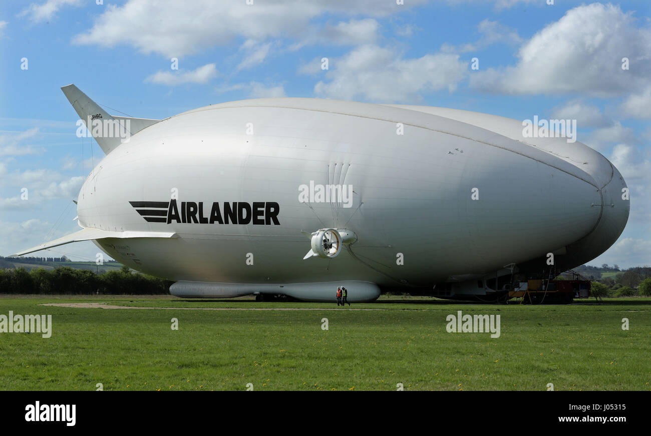 The Airlander 10, part plane, part airship, tied to a mooring mast at ...