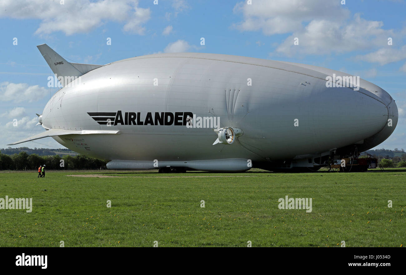 The Airlander 10, part plane, part airship, tied to a mooring mast at ...