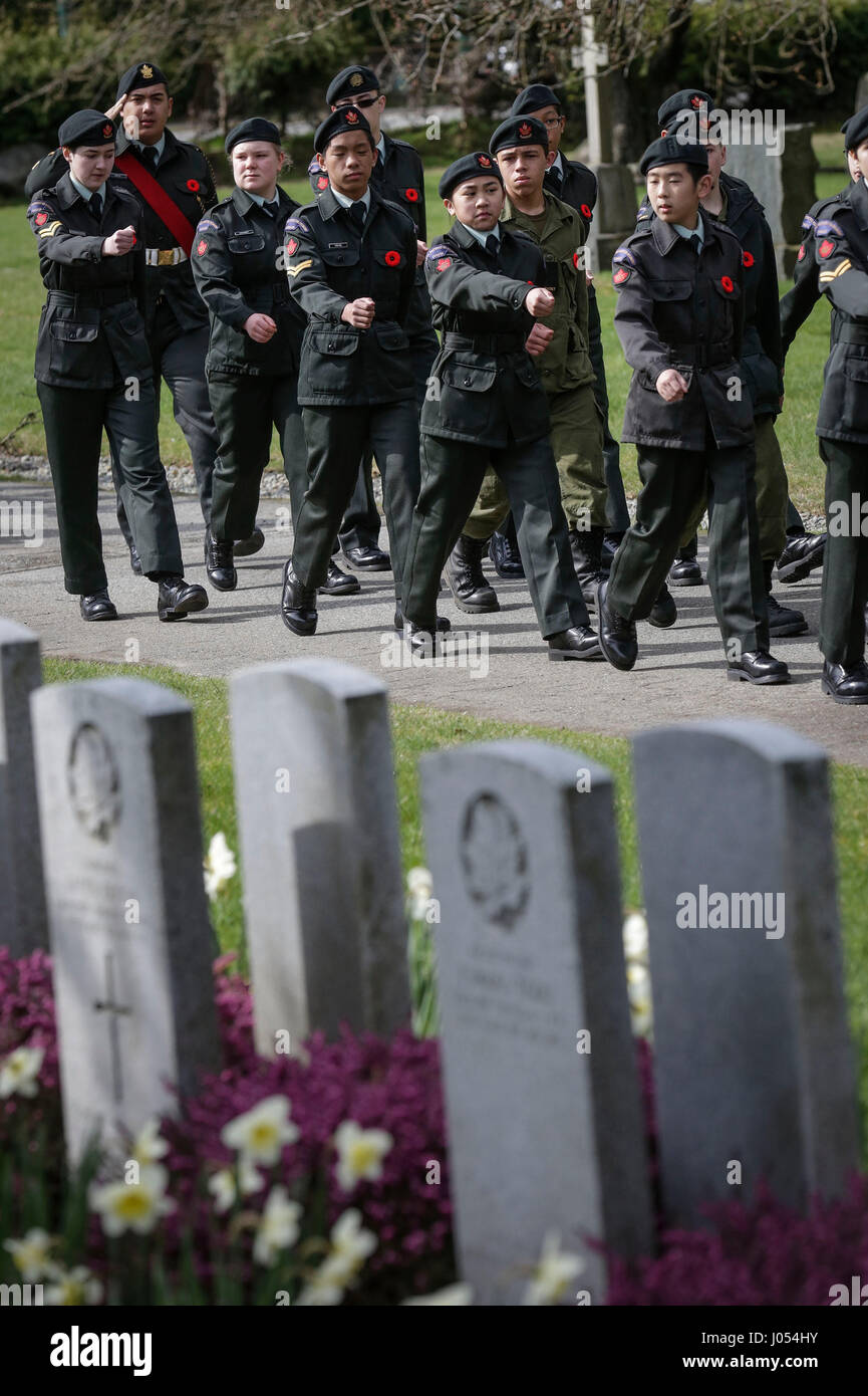 Vancouver. 10th Apr, 2017. Army cadets parade during a ceremony marking ...