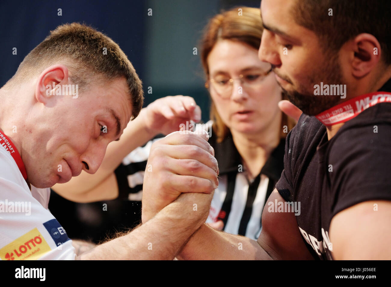 Eisleben, Germany. 08th Apr, 2017. Arm wrestlers Mirko Oehmichen (L ...