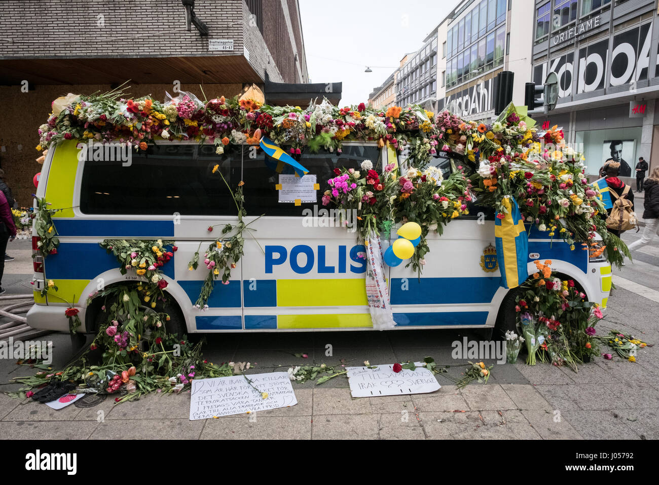 Stockholm, Sweden. 10th Apr, 2017. Police car covered in flowers as ...