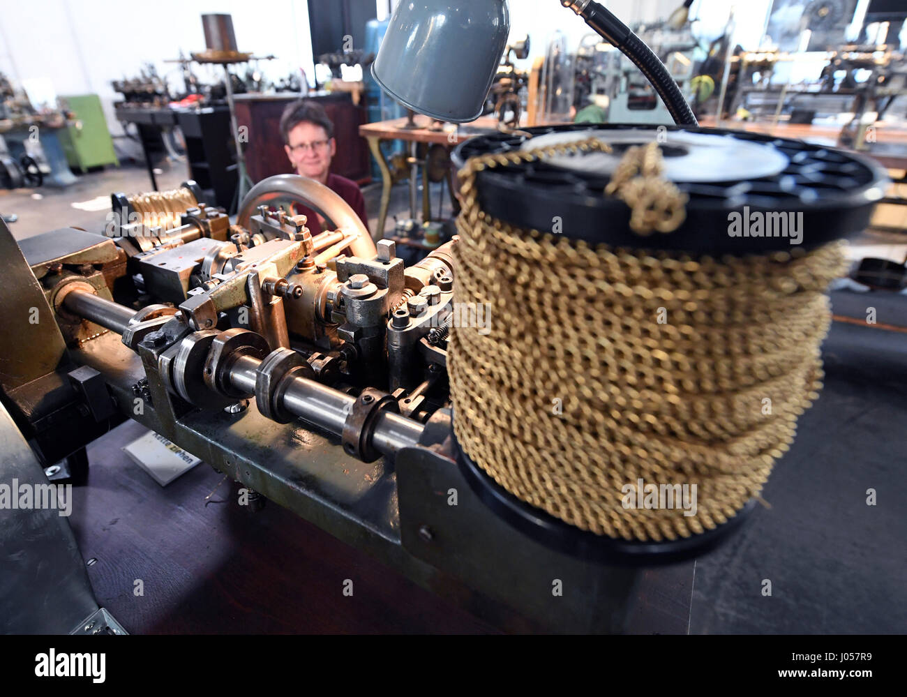 Pforzheim, Germany. 05th Apr, 2017. A tank chain machine from ca. 1930 ...