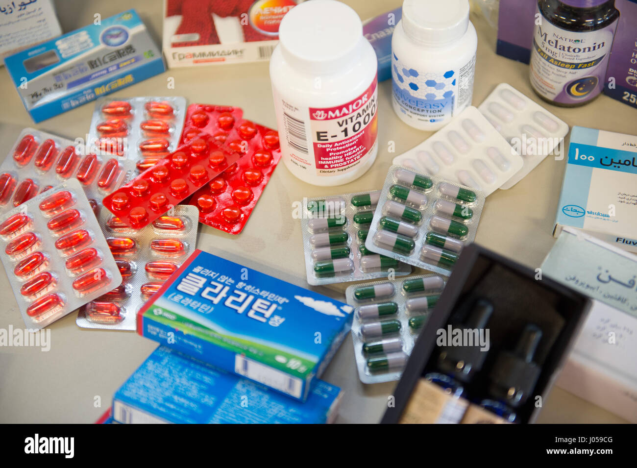 Hamburg, Germany. 05th Apr, 2017. Seized medication seen on a table at ...