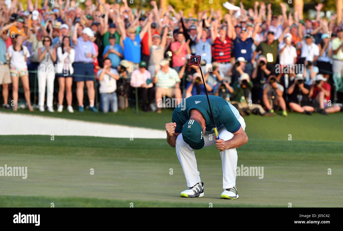Augusta, USA. 9th Apr, 2017. Sergio Garcia reacts as he wins the green ...