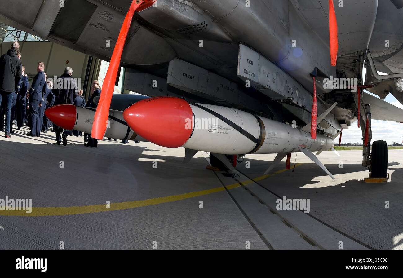 Jagel, Germany. 3rd Apr, 2017. Two rockets of the type AGM-88 HARM are ...