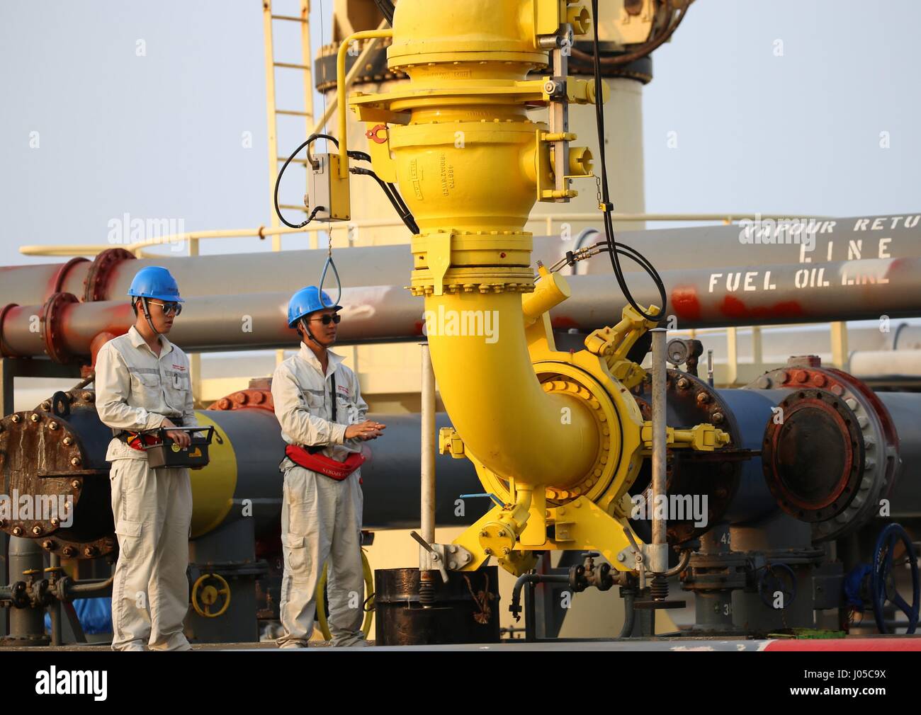 Made Island, Myanmar. 10th Apr, 2017. Workers work at Made Island oil ...