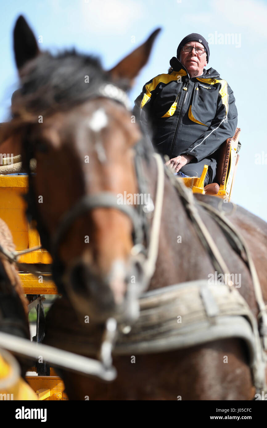 Mailman Michael Stobbe sits on a mud flat carriage of the postal service on Neuwerk island ...